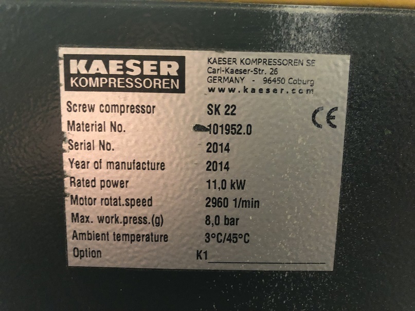 KAESER SK22 Compressor. Year 2014. Complete with Air Receiver. Year 2004